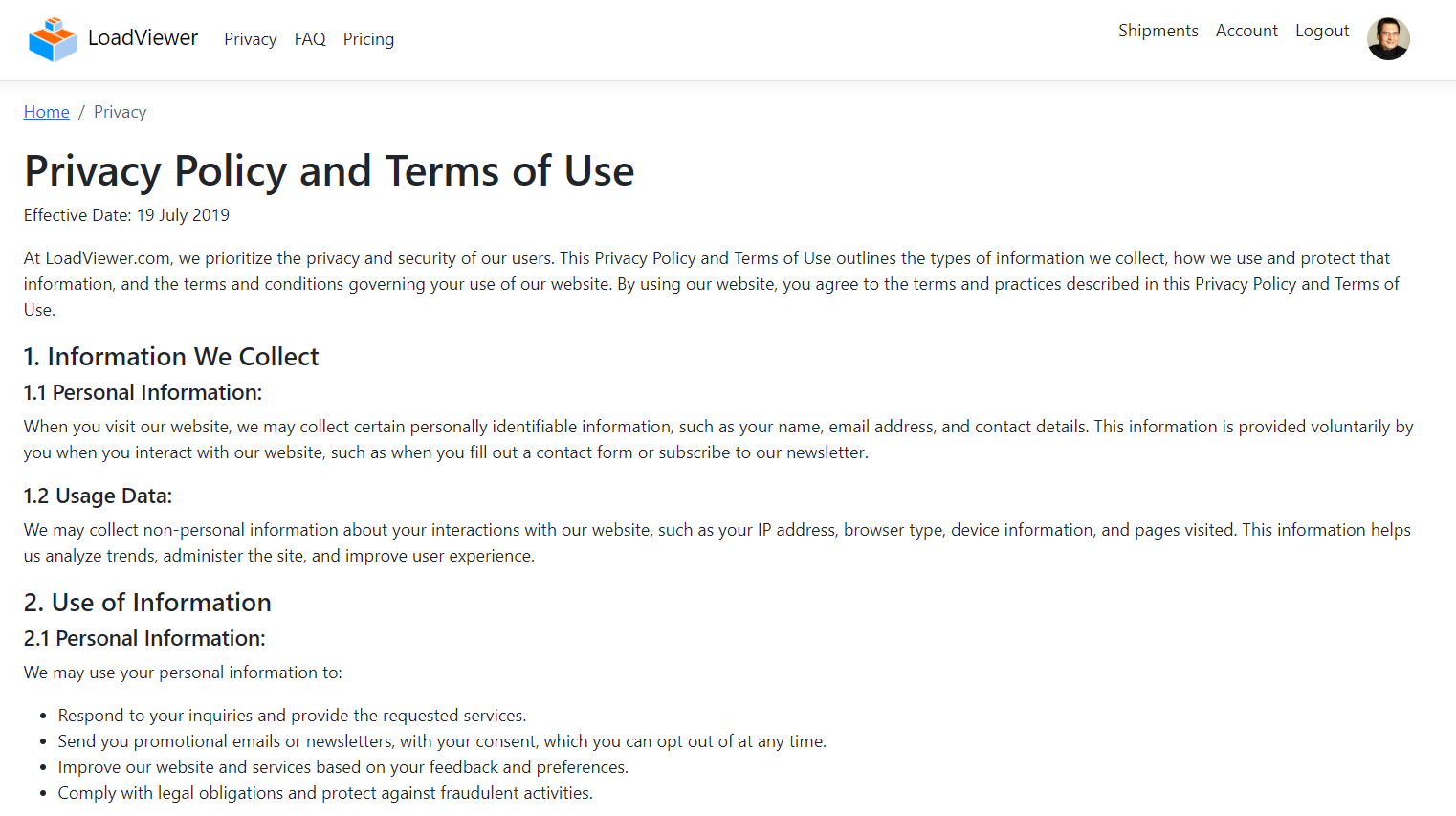 LoadViewer | Privacy Policy and Terms of Use